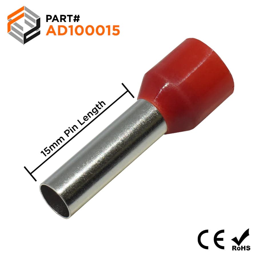 AD100015 - 8 AWG (15mm Pin) Insulated Ferrules - Red | Ferrules Direct