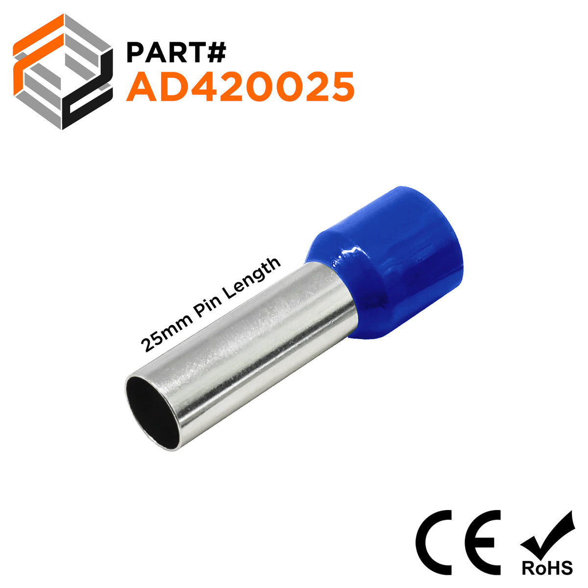 AD420025 - 1 AWG (Small Diameter) Insulated Wire Ferrules, 25mm Pin ...