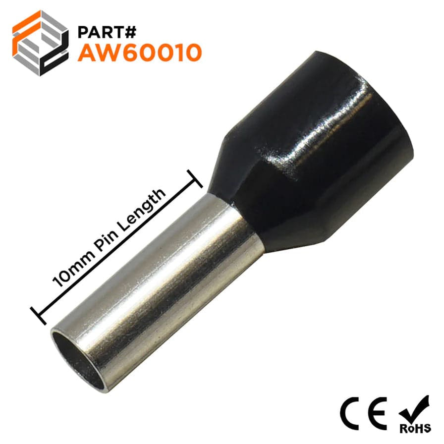 Home AW60010 - 10 AWG Insulated Wire Ferrules, 10mm Pin, Black, 100 Pieces