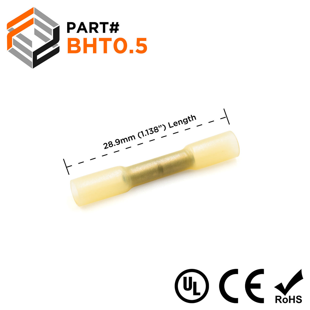 BHT0.5 - 26 to 12 AWG Heat Shrink Butt Connectors, Yellow, Polyethylene, 25 Pieces | Ferrules Direct