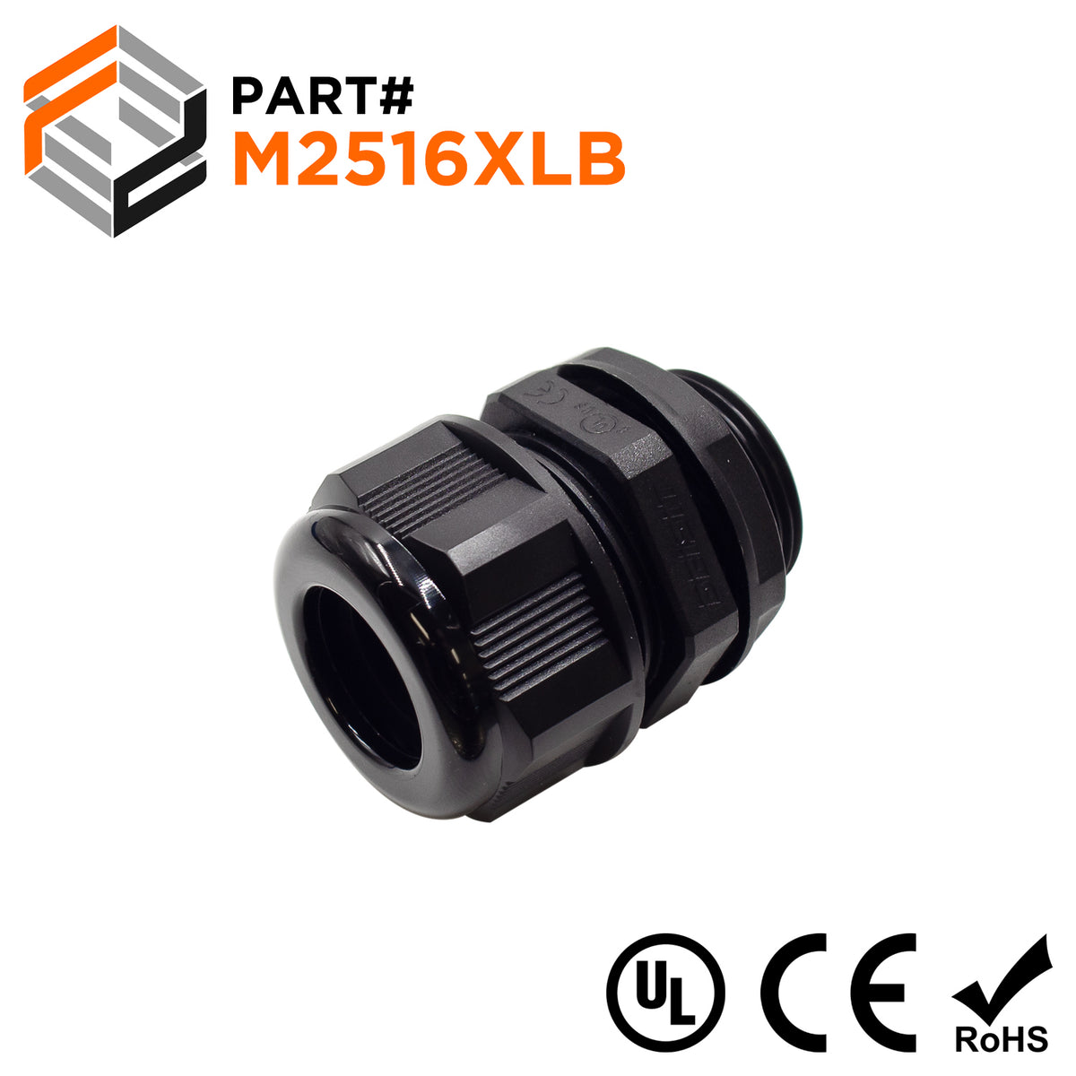 M2516XLB - M25 x 1.5mm Metric Thread Nylon Cable Gland, Black, Range: 3/8" to 5/8", XL Length ...