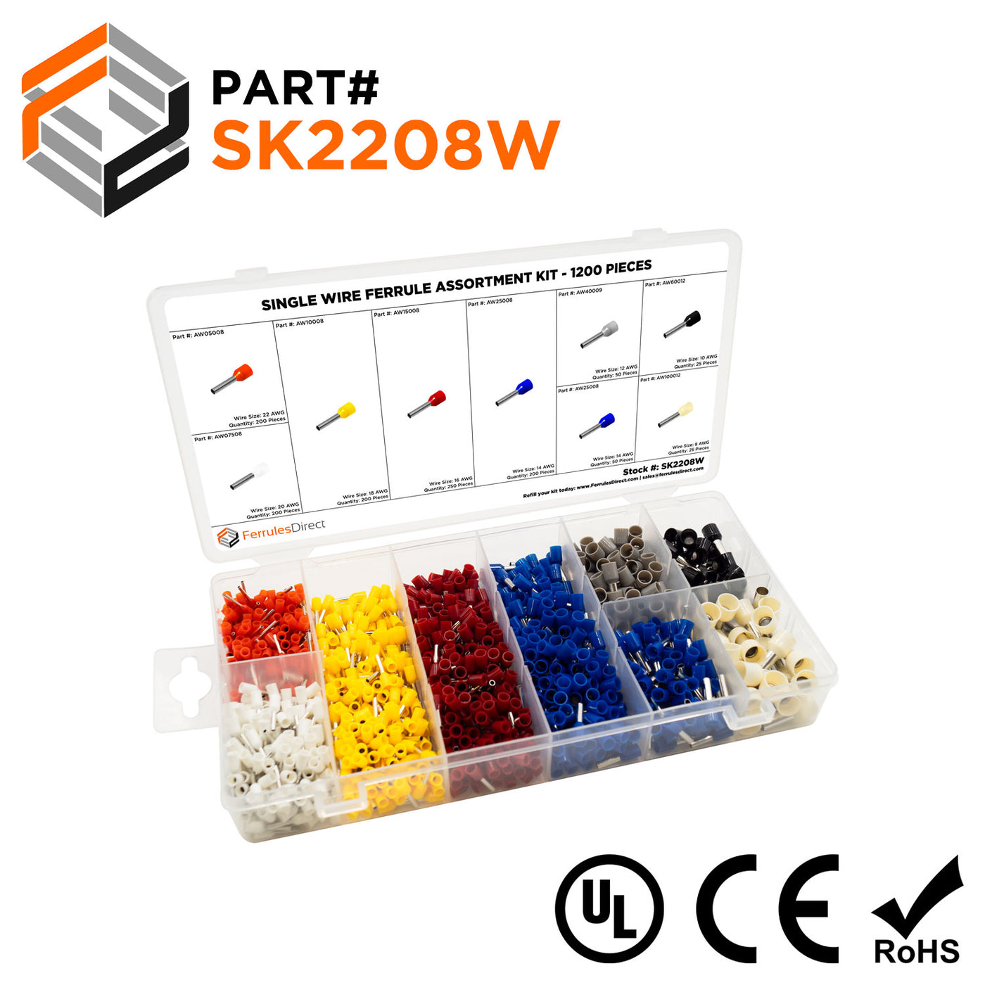 SK2208W - 22 to 8 AWG Single Insulated Wire Ferrule Assortment Kit ...