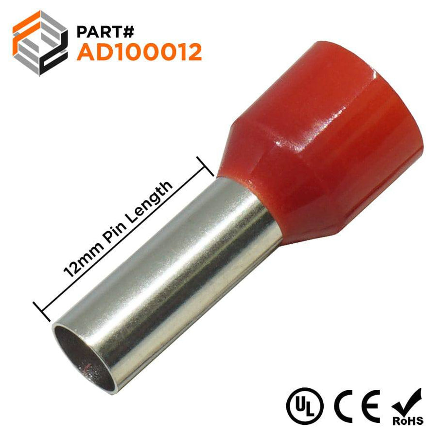 AD100012 - 8 AWG Insulated Wire Ferrules, 12mm Pin, Red, UL Recognized ...