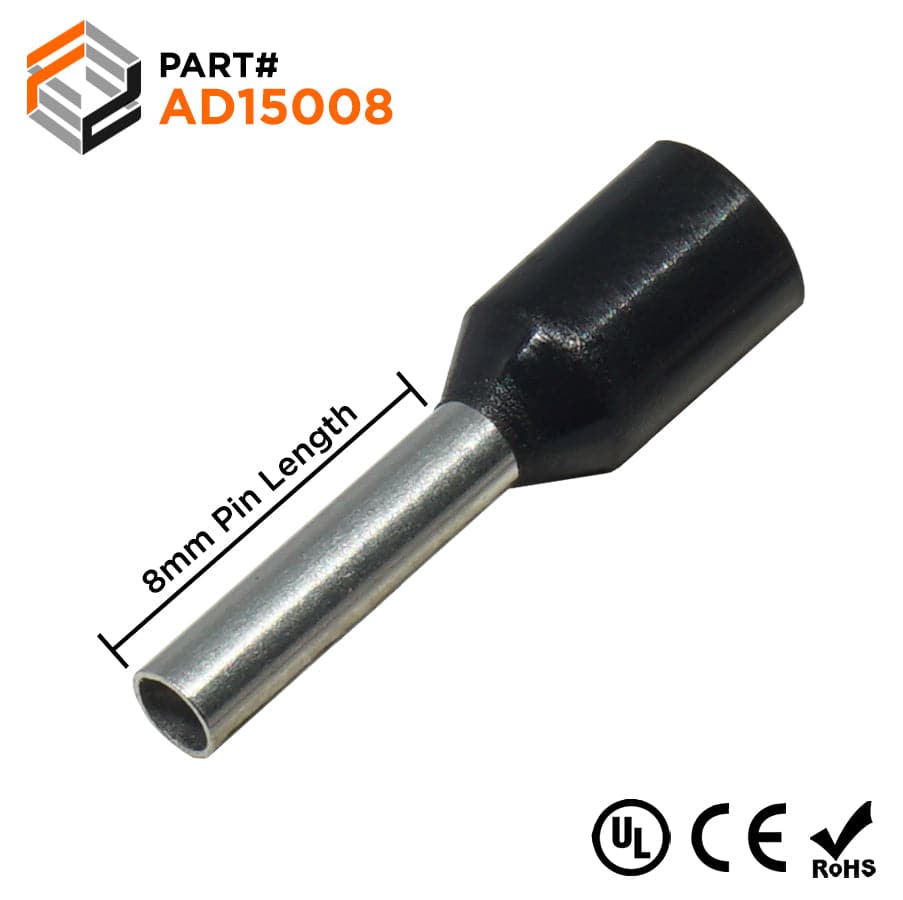 AD15008 - 16 AWG Insulated Wire Ferrules, 8mm Pin, Black, UL Recognized ...