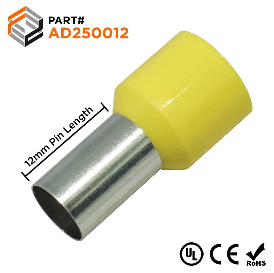 AD250012 - 4 AWG (12mm Pin) Insulated Ferrules - Yellow | Ferrules Direct