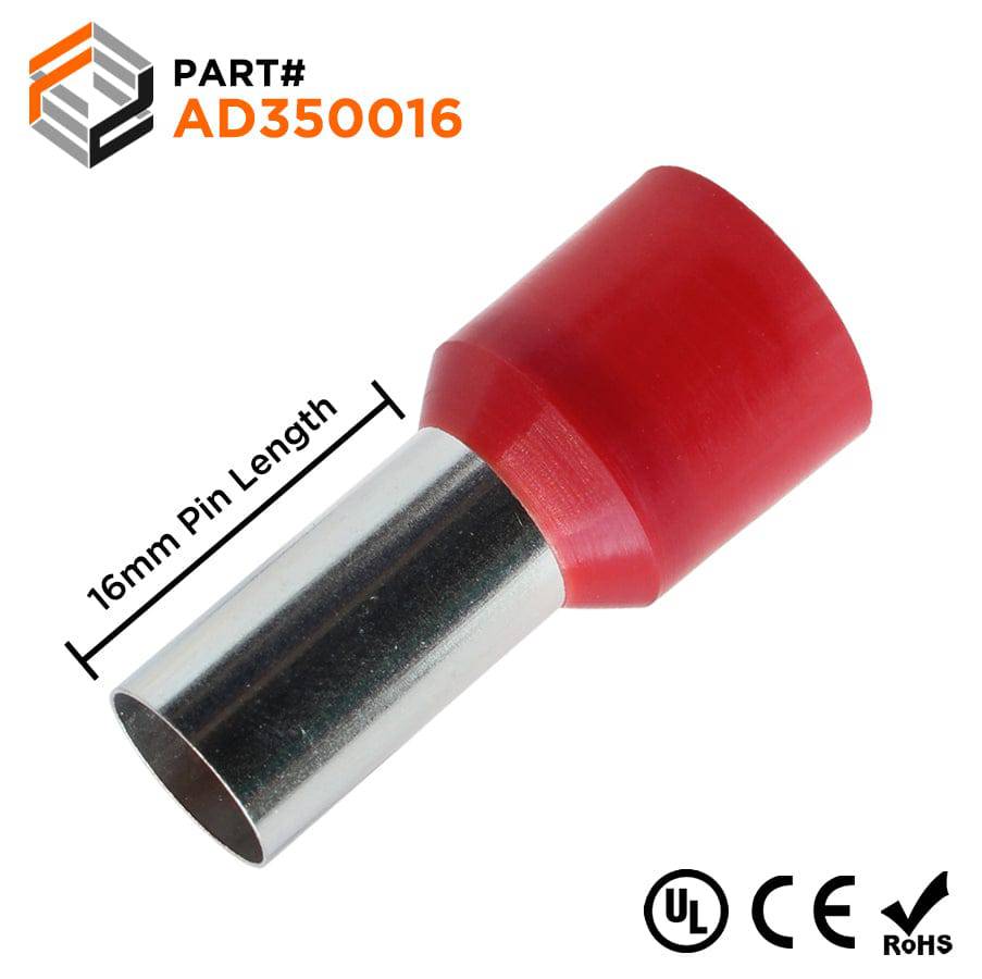 AD350016 - 2 AWG Single Insulated Wire Ferrules, 16mm Pin, Red, UL ...