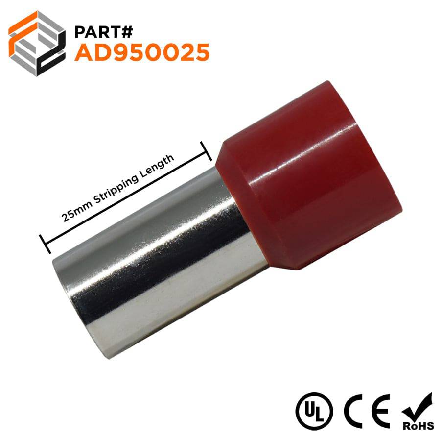 3/0 AWG (25mm Pin) Insulated Ferrules - Red | Ferrules Direct