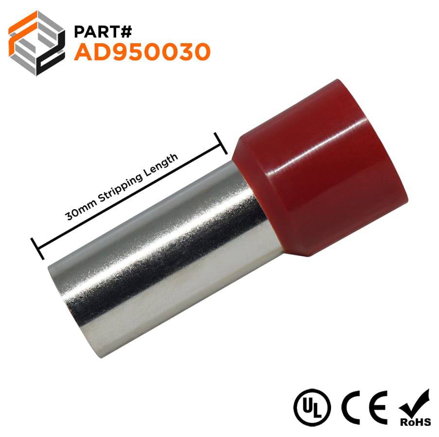 3/0 AWG (30mm Pin) Insulated Ferrules - Red | Ferrules Direct
