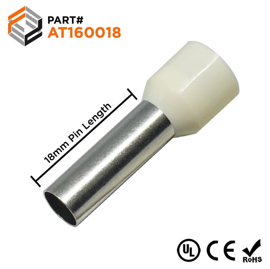 AT160018 - 6AWG Insulated Wire Ferrules, 18mm Pin, White, UL Recognized ...