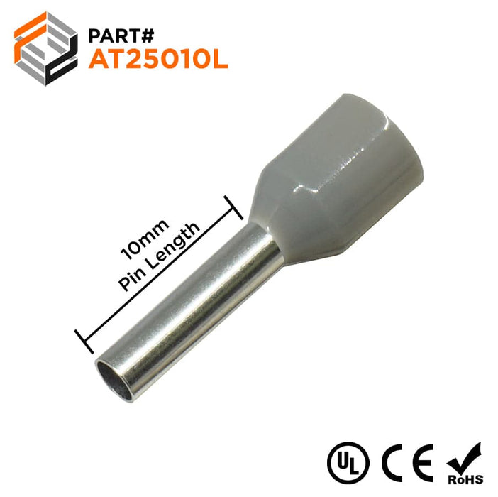 AT25010L - 14 AWG Insulated Wire Ferrules, 10mm Pin, Gray, Wide Collar ...