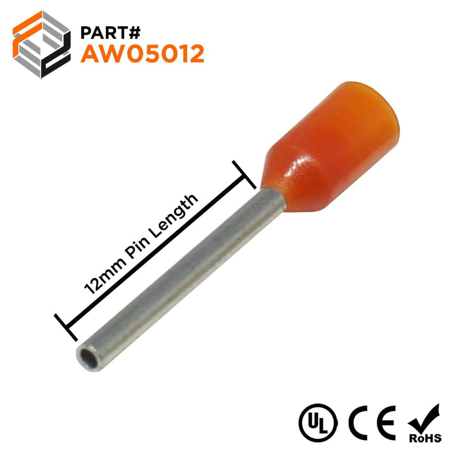 AW05012 - 22 & 20 AWG Insulated Wire Ferrules, 12mm Pin, Orange, UL ...
