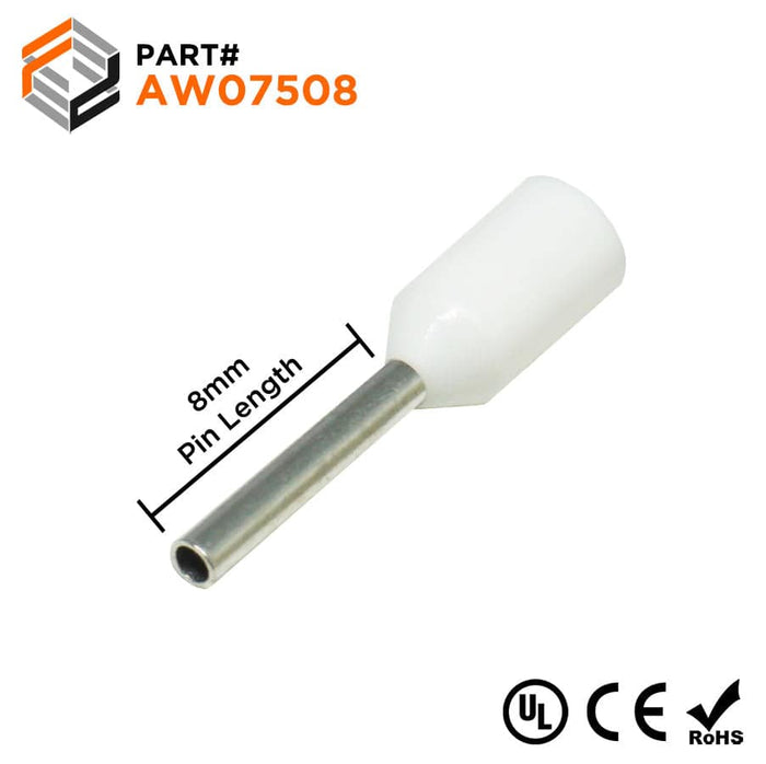 AW07508 - 20 & 18 AWG Insulated Wire Ferrules, 8mm Pin, White, UL ...