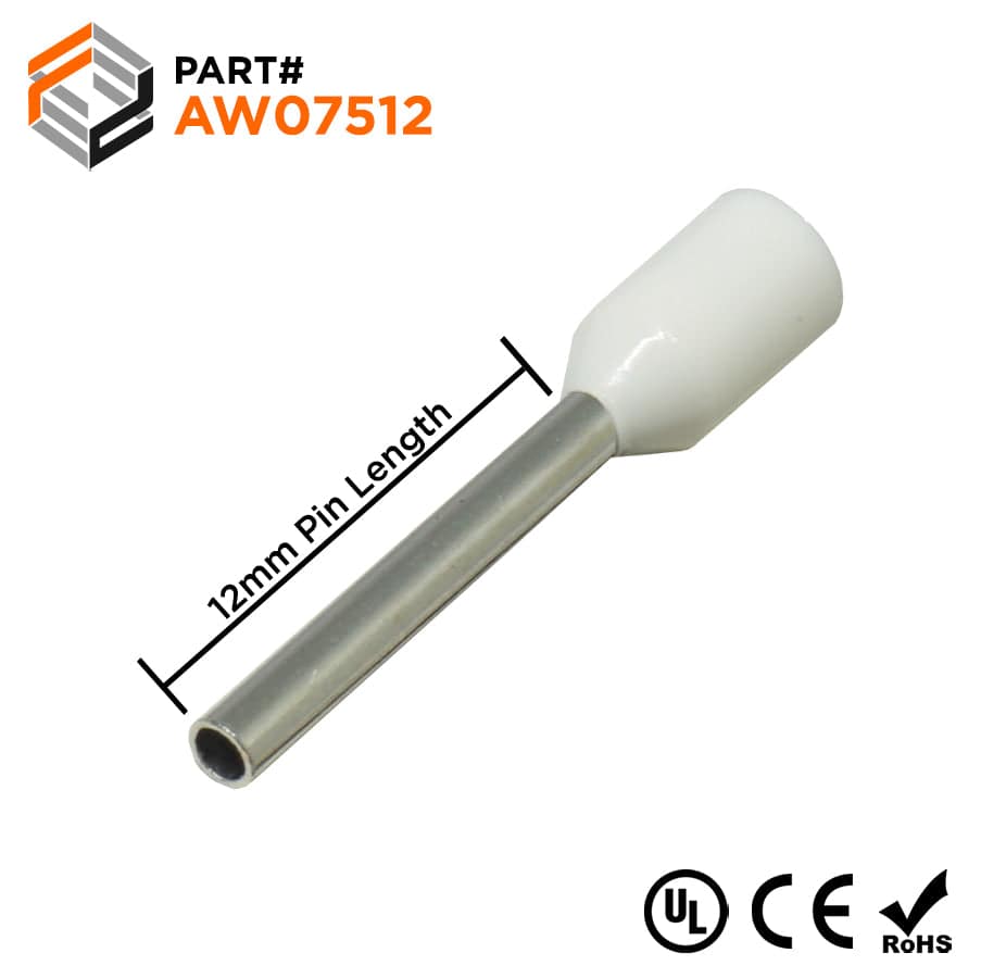 AW07512 - 20 AWG (12mm Pin) Insulated Ferrules - White | Ferrules Direct