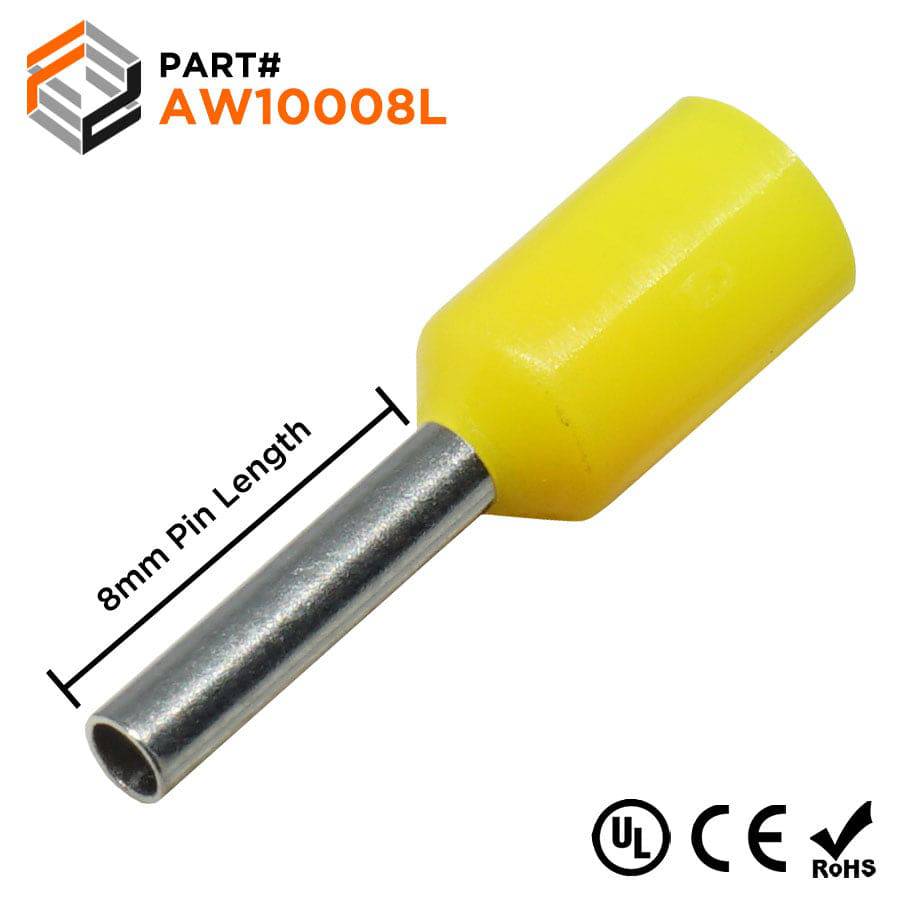 AW10008L - 18AWG (8mm Pin) Insulated Ferrules - Yellow - Large Cap ...