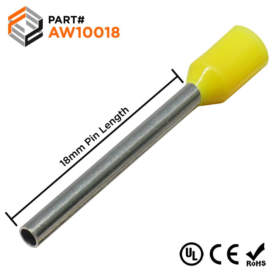 AW10018 - 18AWG (18mm Pin) Insulated Ferrules - Yellow | Ferrules Direct