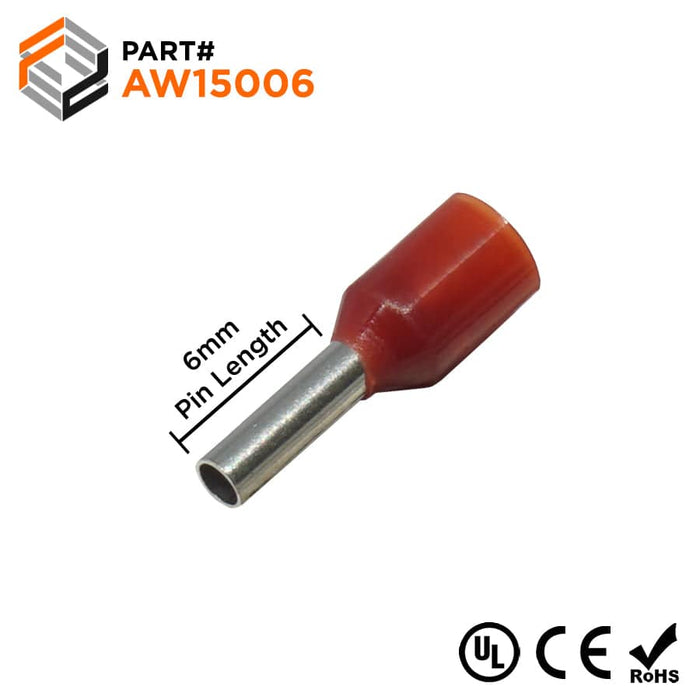 AW15006 - 16 AWG Insulated Wire Ferrules, 6mm Pin, Red, 500 Pieces ...