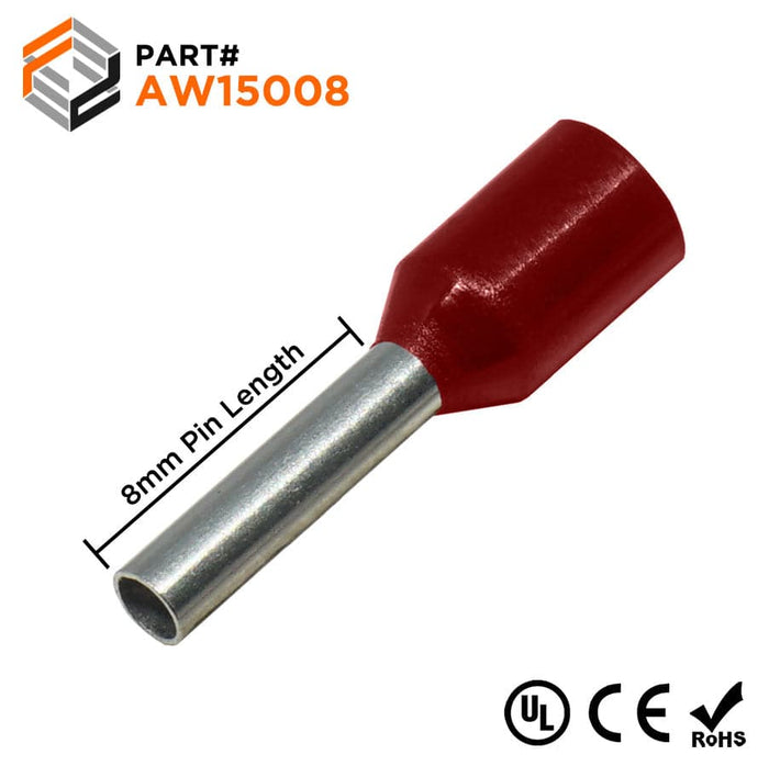 AW15008 - 16 AWG Insulated Wire Ferrules, 8mm Pin, Red, UL Recognized ...