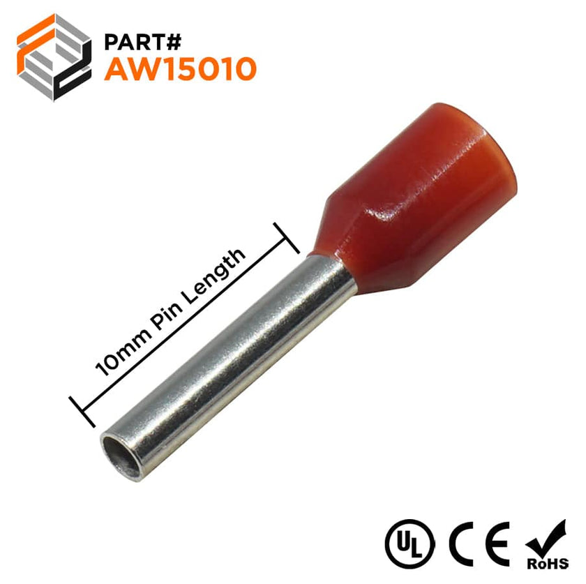 AW15010 - 16 AWG Insulated Wire Ferrules, 10mm Pin, Red, UL Recognized ...