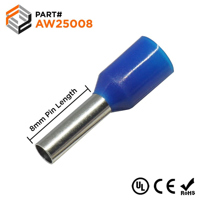 AW25008 - 14 AWG Insulated Wire Ferrules, 8mm Pin, Blue, UL Recognized ...