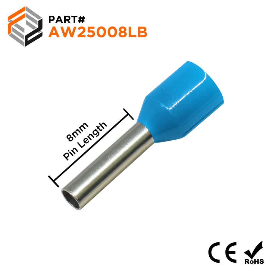 AW25008LB - 14 AWG Insulated Wire Ferrules, 8mm Pin, Light Blue, 500 ...