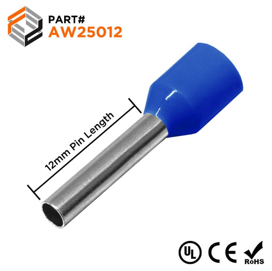 AW25012 - 14 AWG Insulated Wire Ferrules, 12mm Pin, Blue, UL Recognized ...