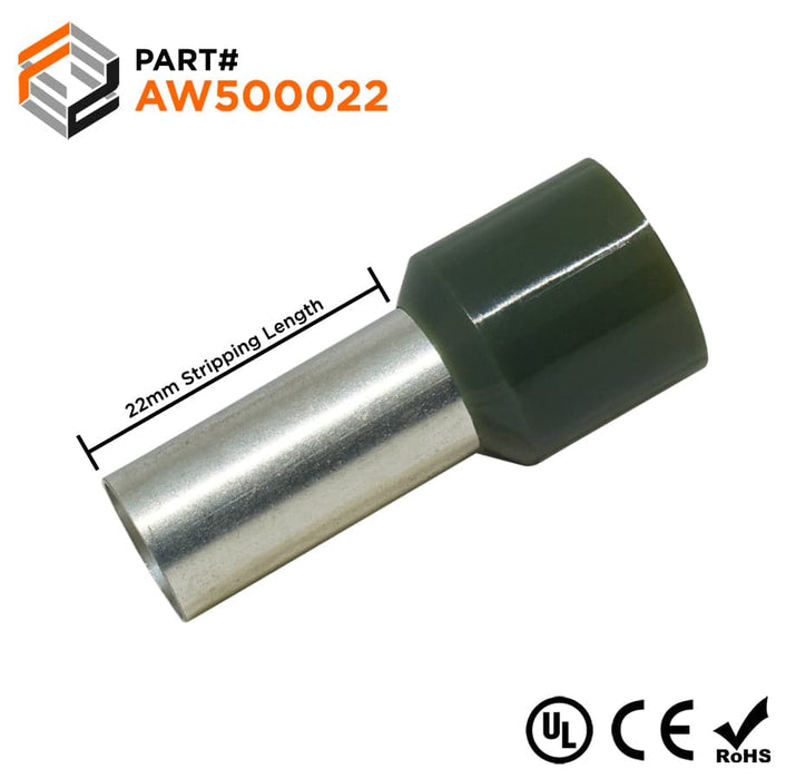 AW500022 - 1 AWG Single Insulated Wire Ferrules, 22mm Pin, Olive Green ...